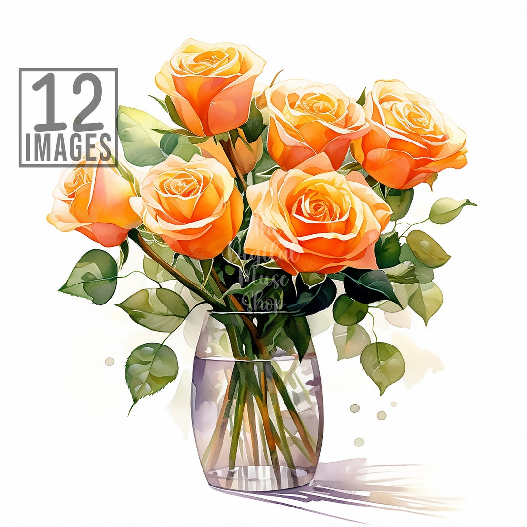 Vase of Orange Roses Clipart Watercolor Flowers Clipart Commercial Use ...