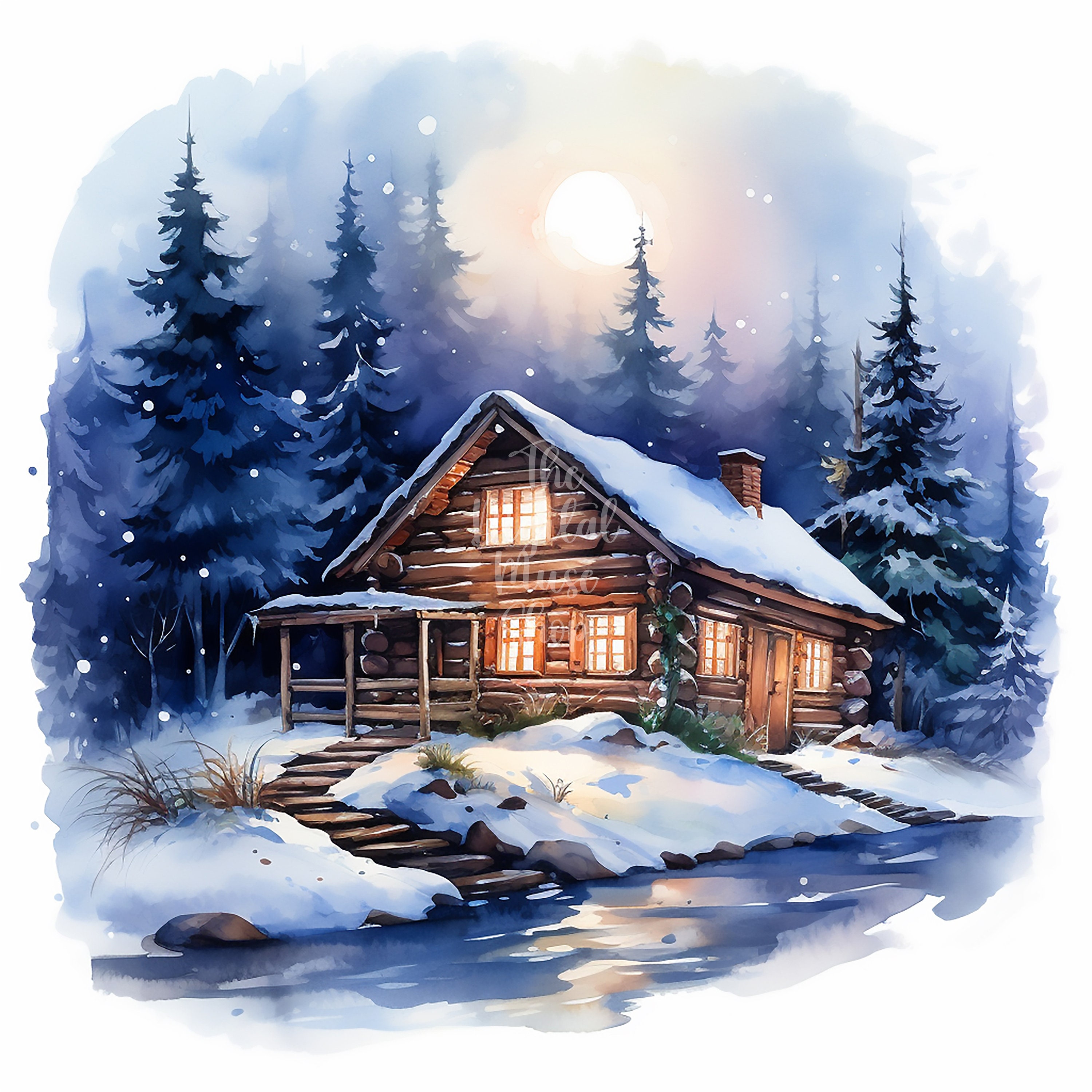 Watercolor Snowy Log Cabin Clipart Winter Clipart Snowy Night Clipart ...
