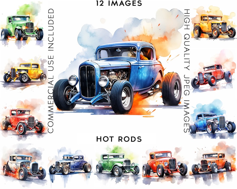 Hot Rods Clipart, 12 High Quality JPG, Commercial Use, Card Making ...