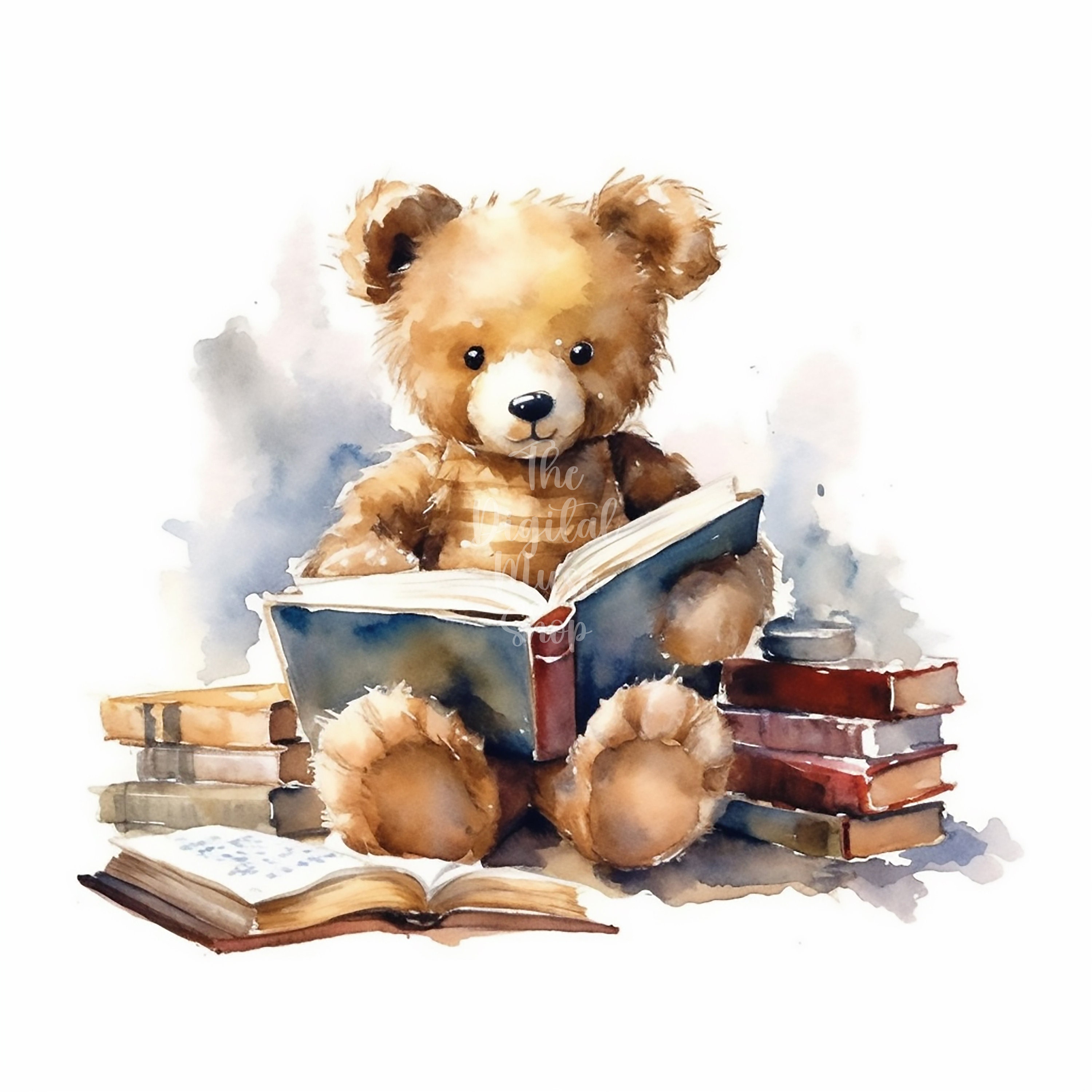 Teddy Bear Reading Clipart, 12 High Quality Jpgs , Watercolor Clipart ...