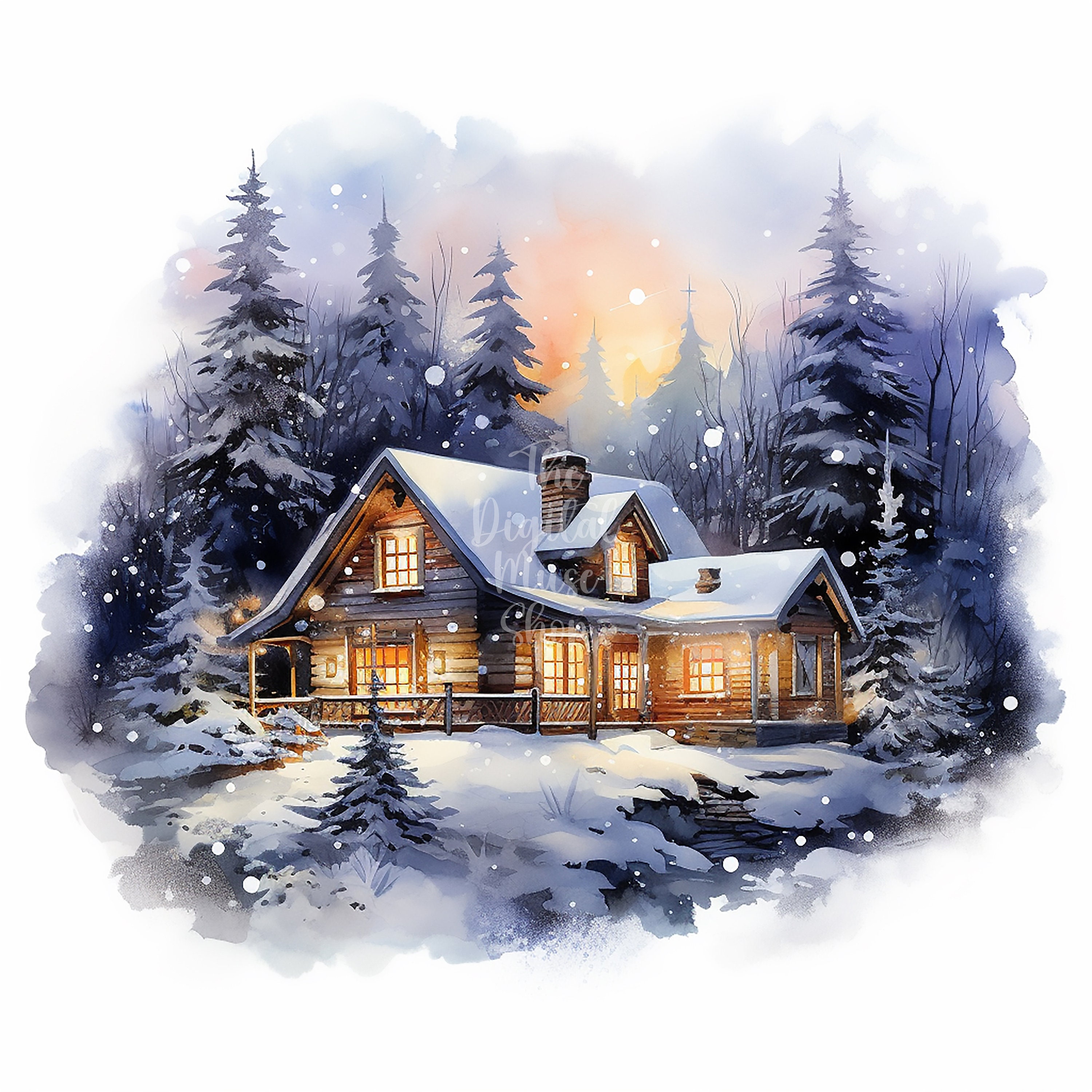 Watercolor Snowy Log Cabin Clipart Winter Clipart Snowy Night Clipart ...