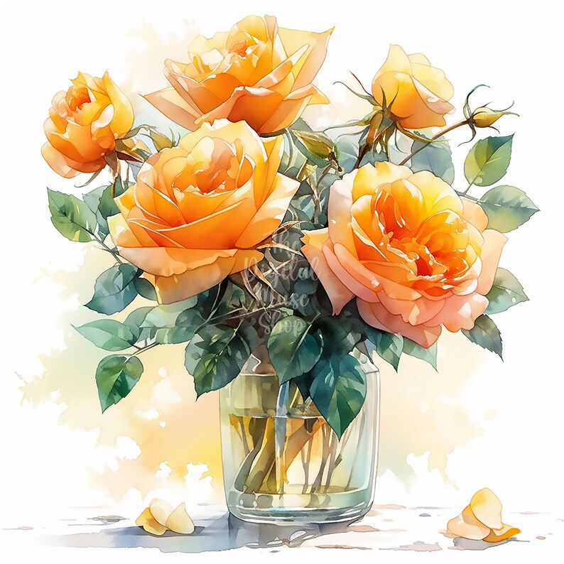 Vase of Orange Roses Clipart Watercolor Flowers Clipart Commercial Use ...