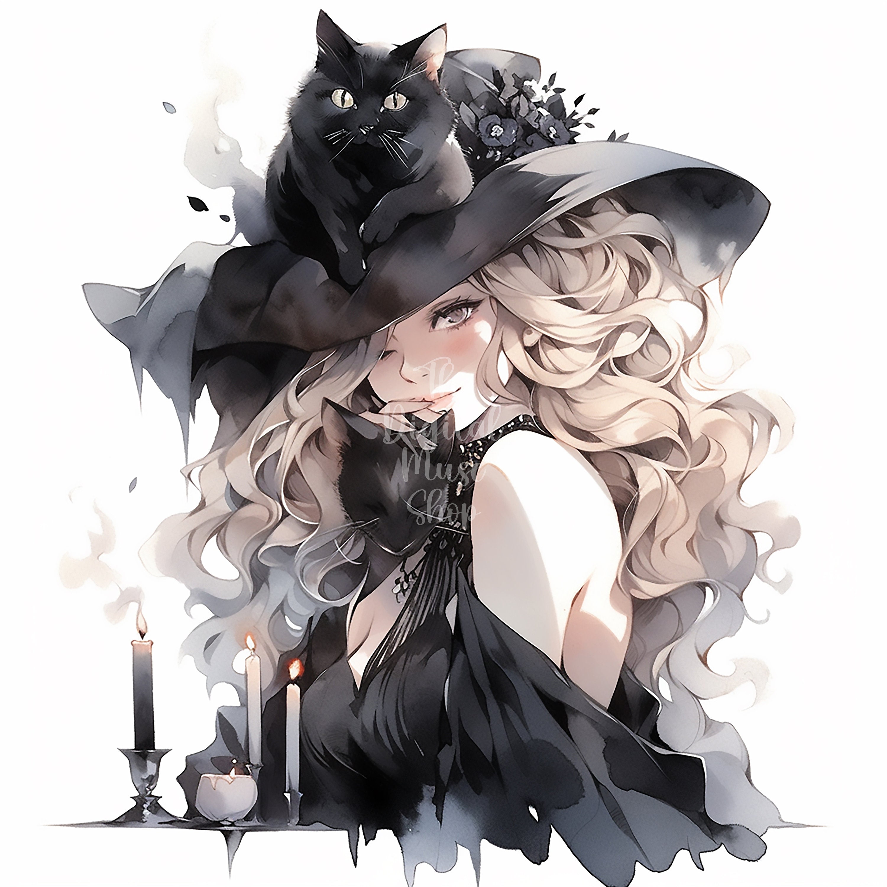 Witch Clipart Black Cat Clipart Watercolor Halloween Clipart - Etsy