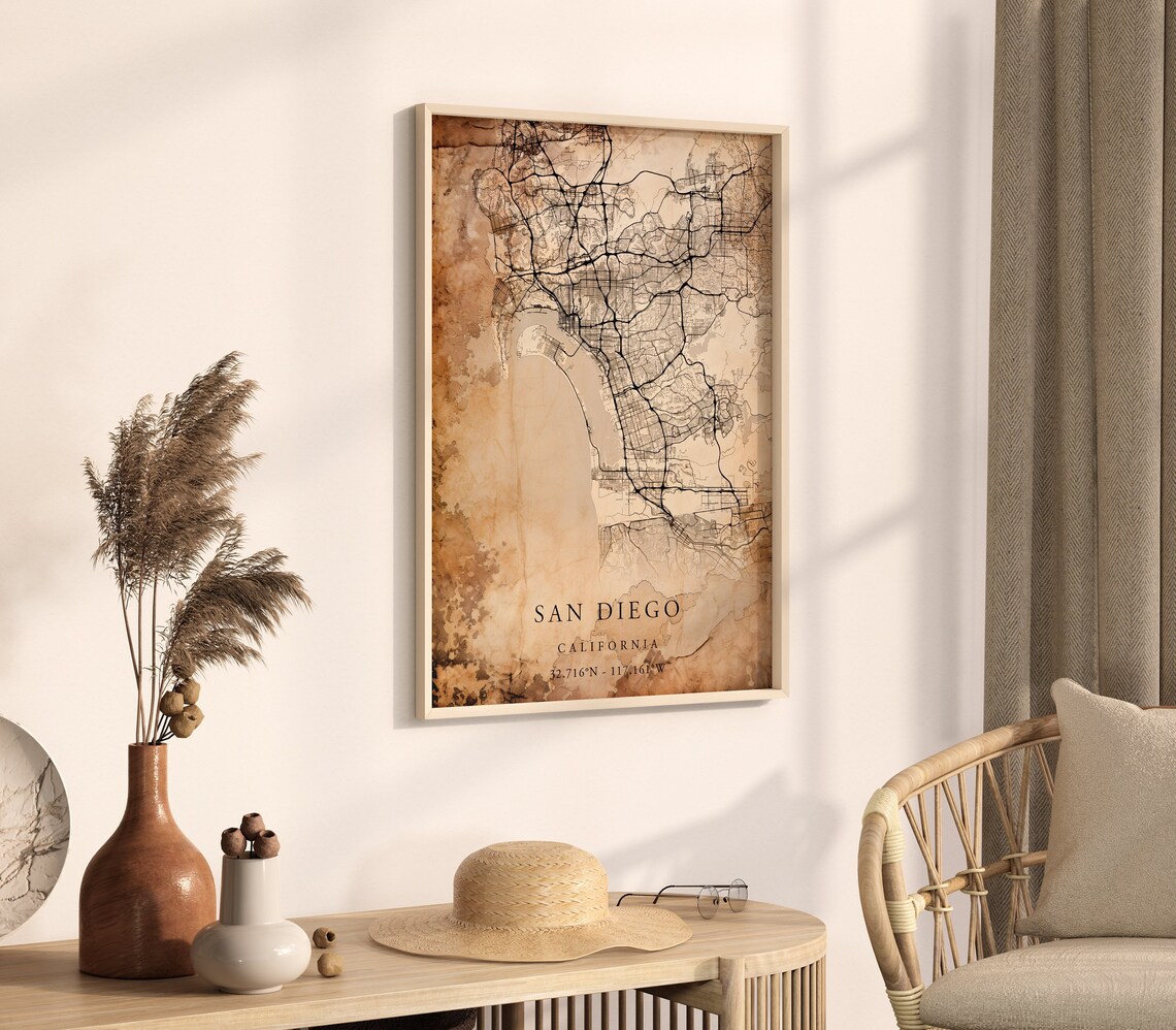 San Diego Rusty Map Poster Sand Diego Vintage Map Old San Diego Map ...