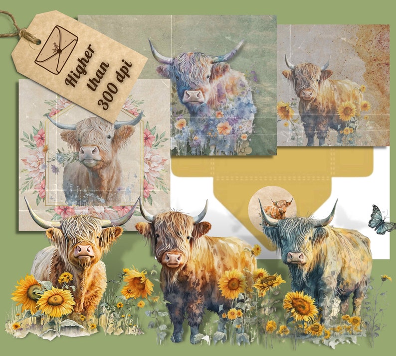 Printable Floral Highland Cow Junk Journal Page and Envelopes - Etsy