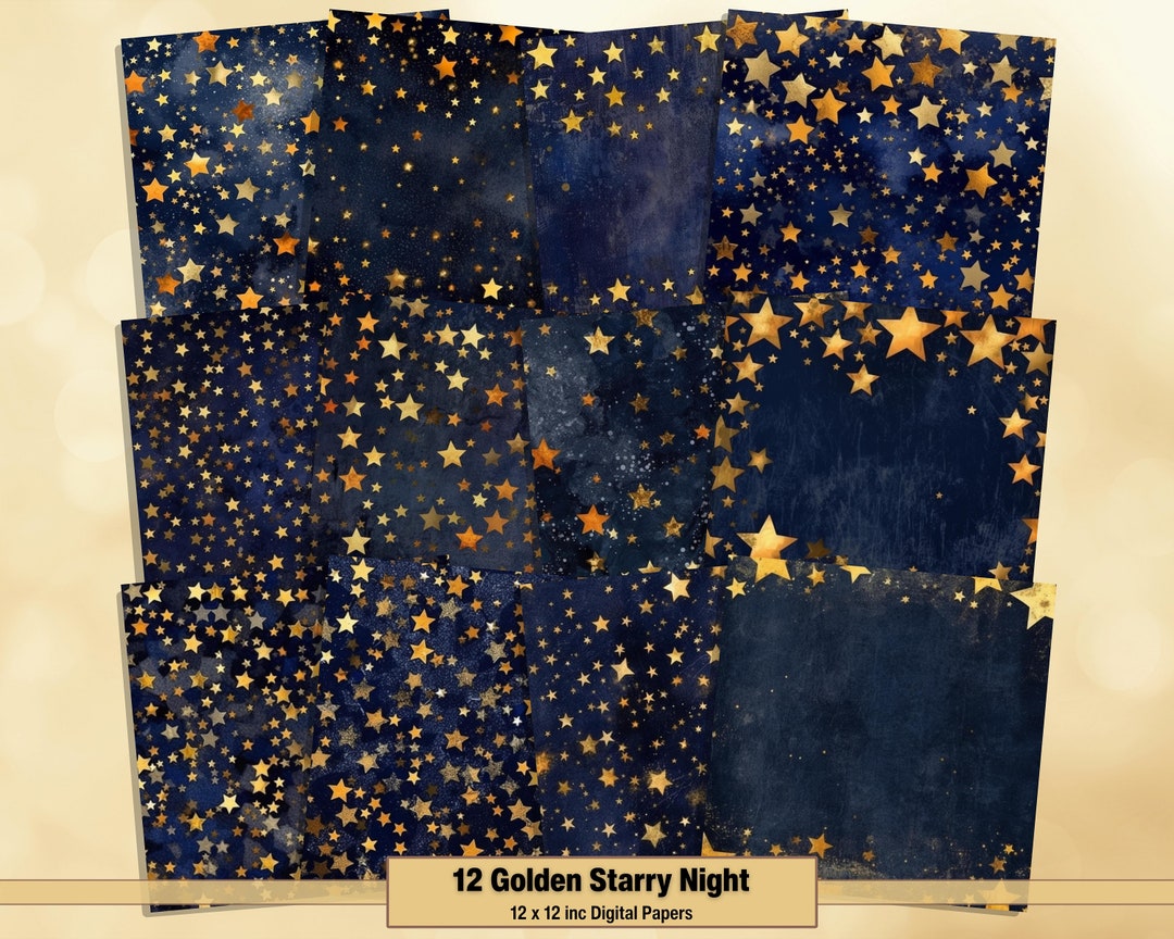 Printable Golden Starry Night Digital Papers, Stars Page, Blue Grunge ...
