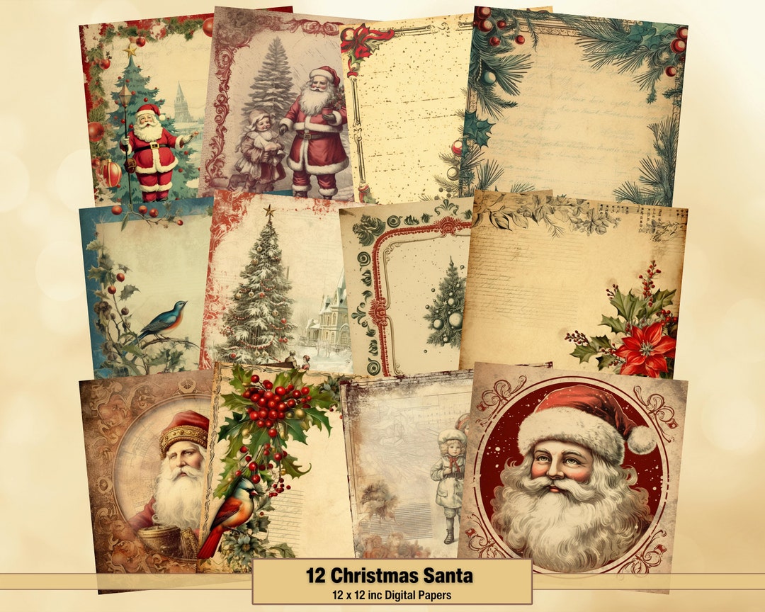 Printable Christmas Santa Digital Papers, Xmas Pages, Vintage ...