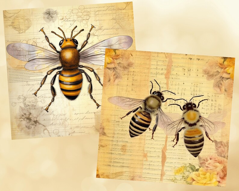 Printable Honey Bee Digital Papers, Queen Bee Pages, Vintage Beehives ...