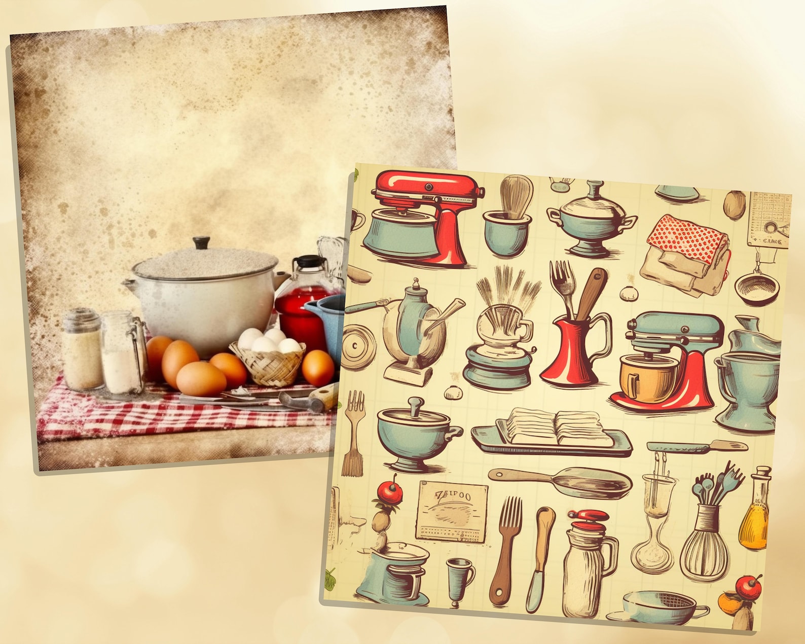Printable Vintage Cooking Kitchen Digital Paper, Cookbook Pages ...
