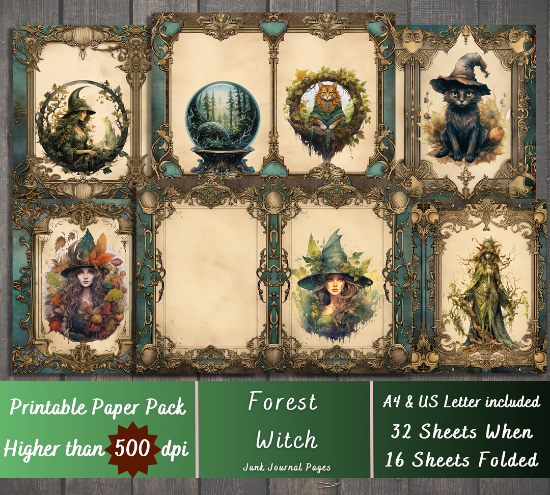Printable Forest Witch Digital Paper, Hedge Witchy Ephemera, Green ...