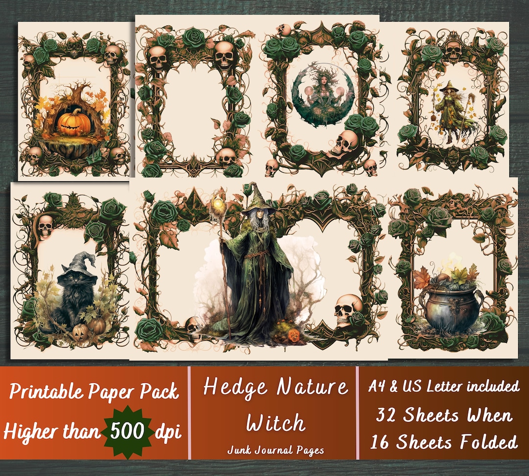 Printable Hedge Witch Digital Paper, Forest Witchy Ephemera, Green ...