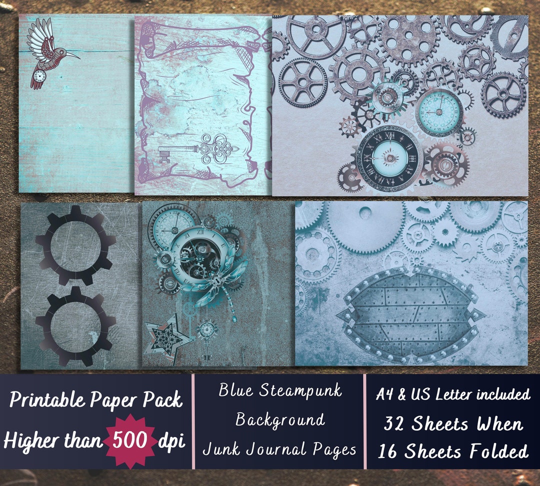 Printable Steampunk Blue Digital Paper, Patina Steam Punk Ephemera ...