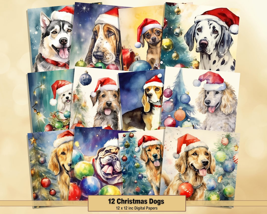 Printable Christmas Dogs Bundle Digital Papers, Santa Hat Dogs Pages ...