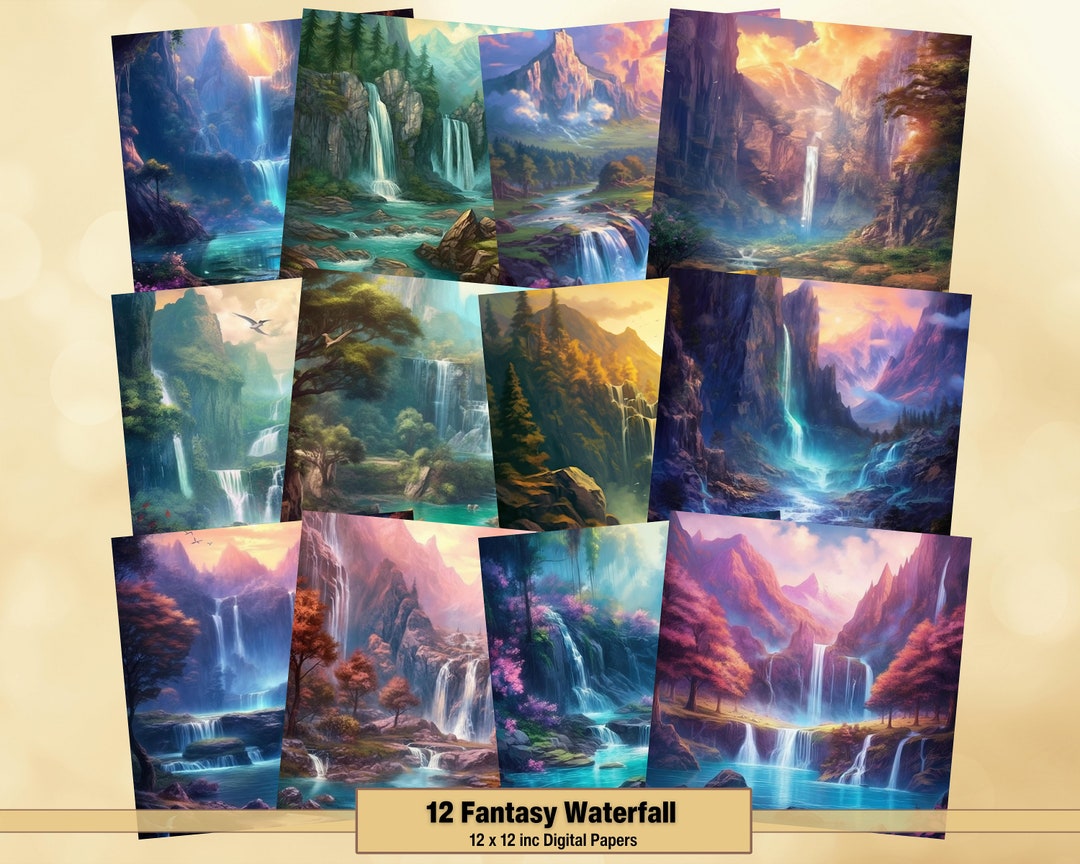 Printable Fantasy Waterfall Digital Papers, Waterfall Pages, Nature ...