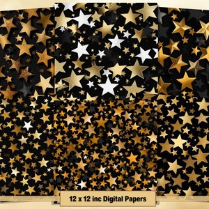 Printable Black and Gold Star Digital Papers, Golden Starry Pages ...