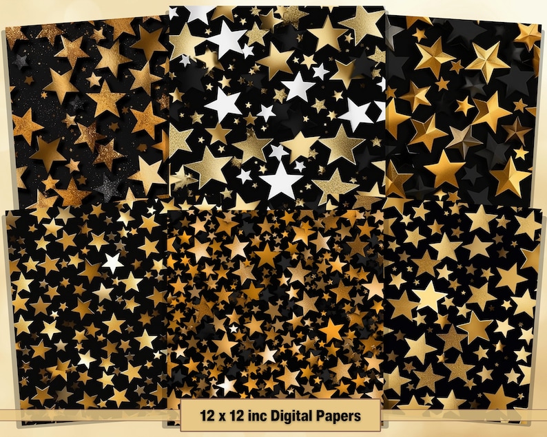 Printable Black and Gold Star Digital Papers Golden Starry - Etsy