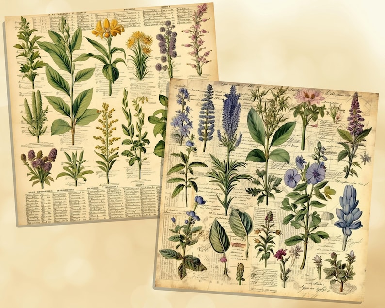 Printable Botanical Herbs Digital Paper, Apothecary Page, Background ...