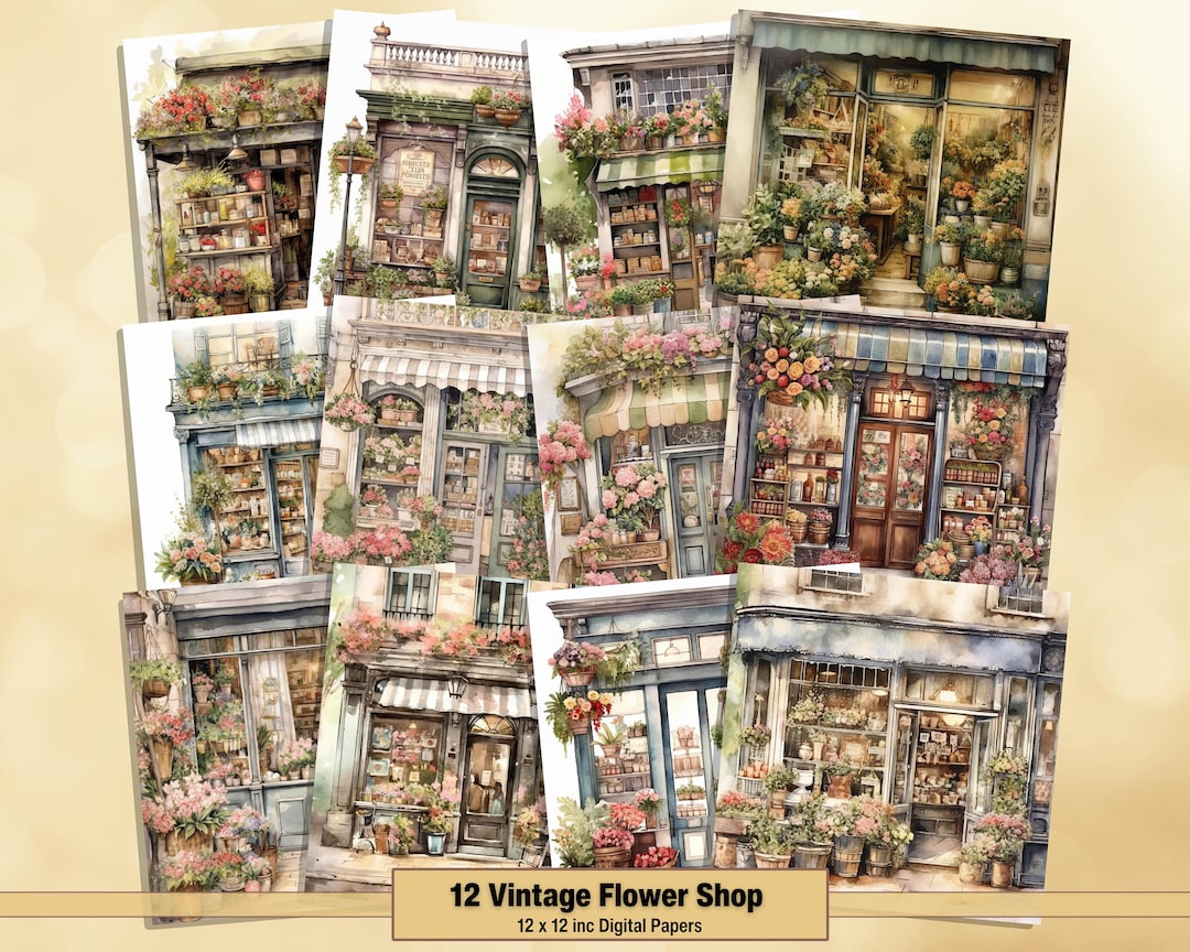 Printable Vintage Flower Shop Digital Paper, Floral Pages, Watercolor ...