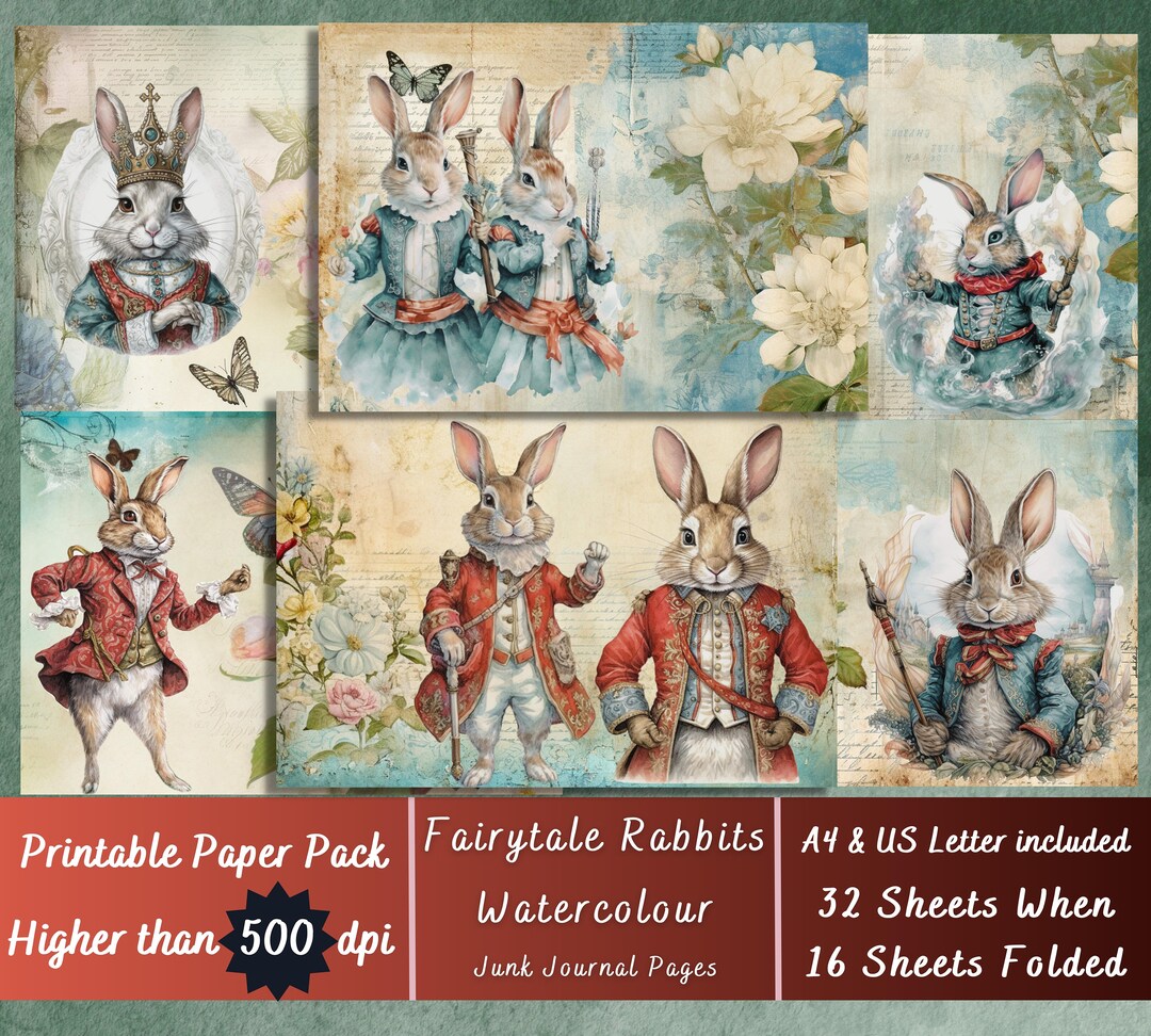 Printable Rabbit Watercolour Digital Paper, Dressed Animals Ephemera ...