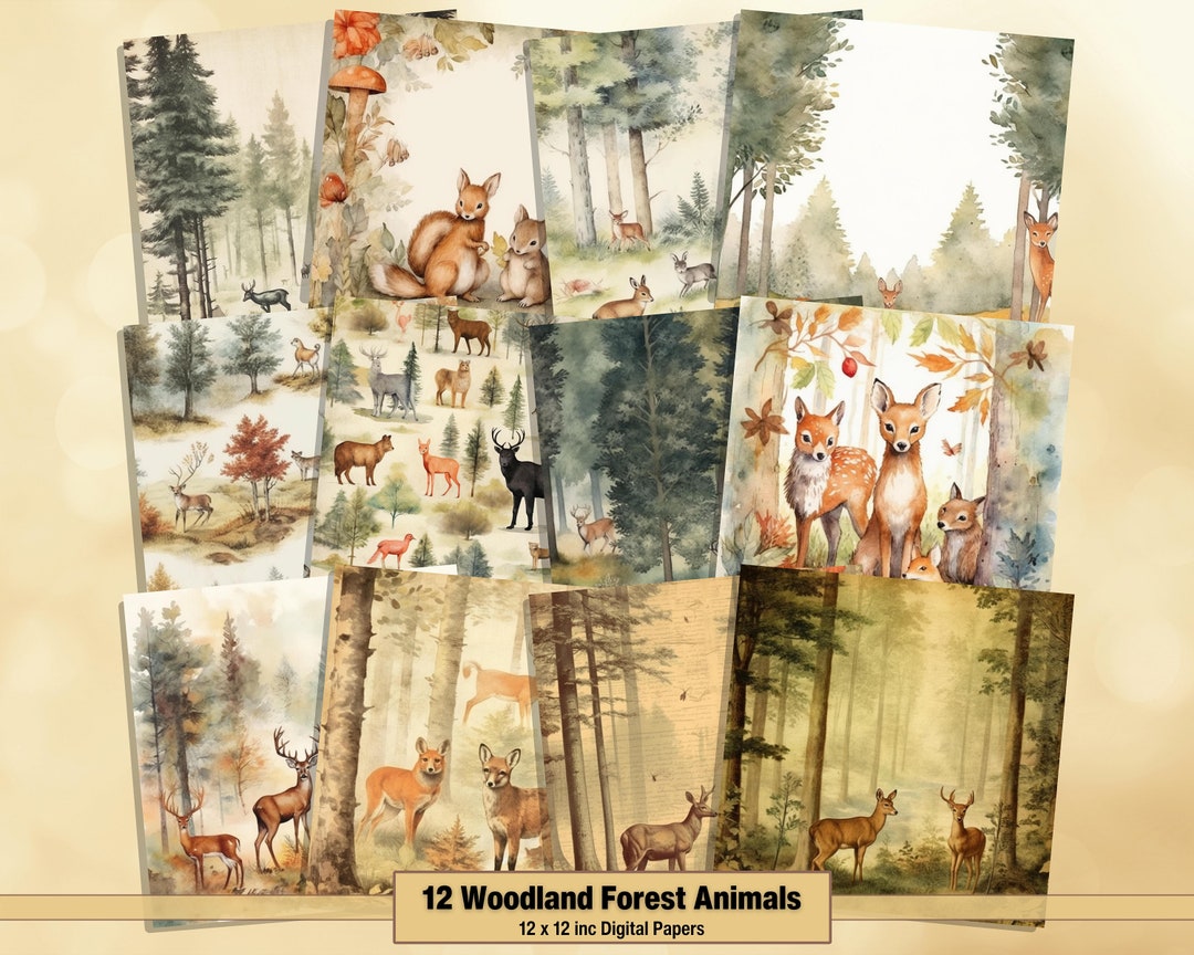 Printable Woodland Forest Animals Digital Paper, Nature Page, Vintage ...