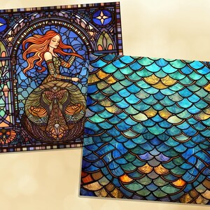 Printable Mermaid Stained Glass Digital Papers, Mermaid Scales Pages ...