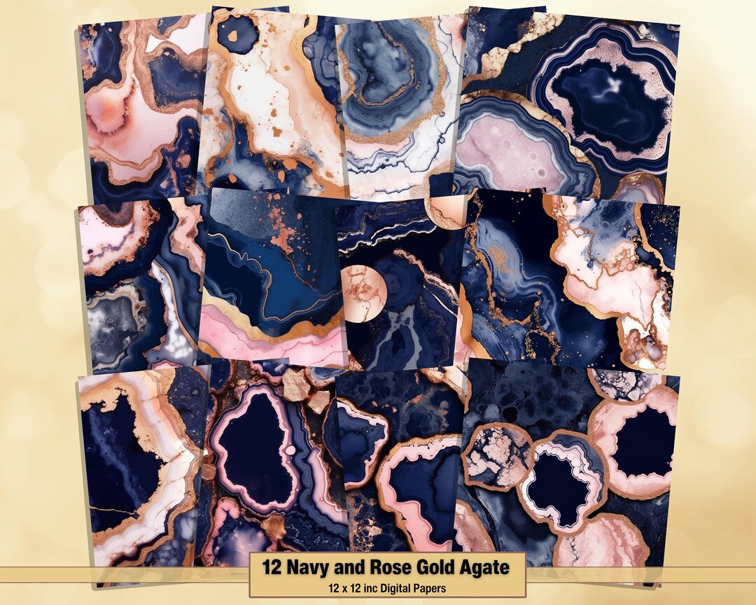 Printable Navy and Rose Gold Agate Digital Papers, Watercolor Pages ...