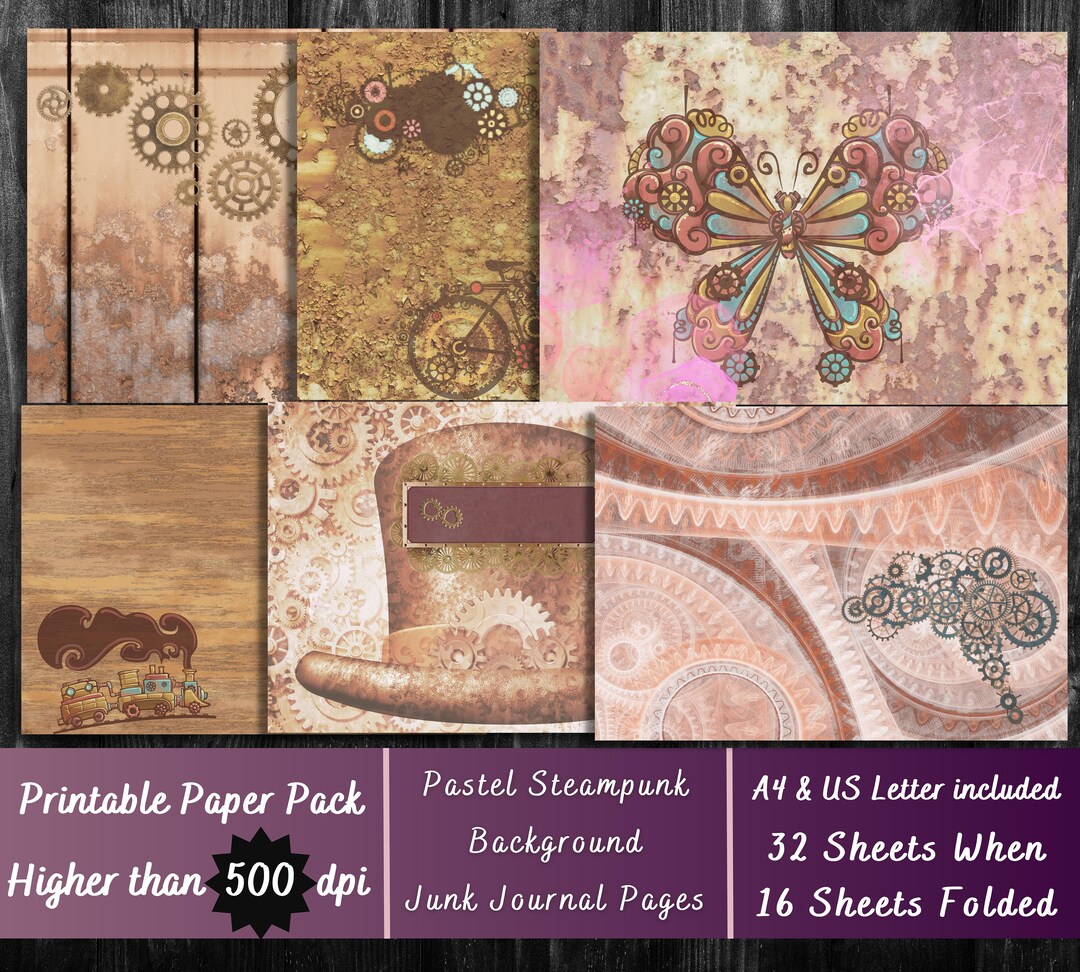 Printable Steampunk Digital Paper, Pastel Steam Punk Ephemera, Vintage ...