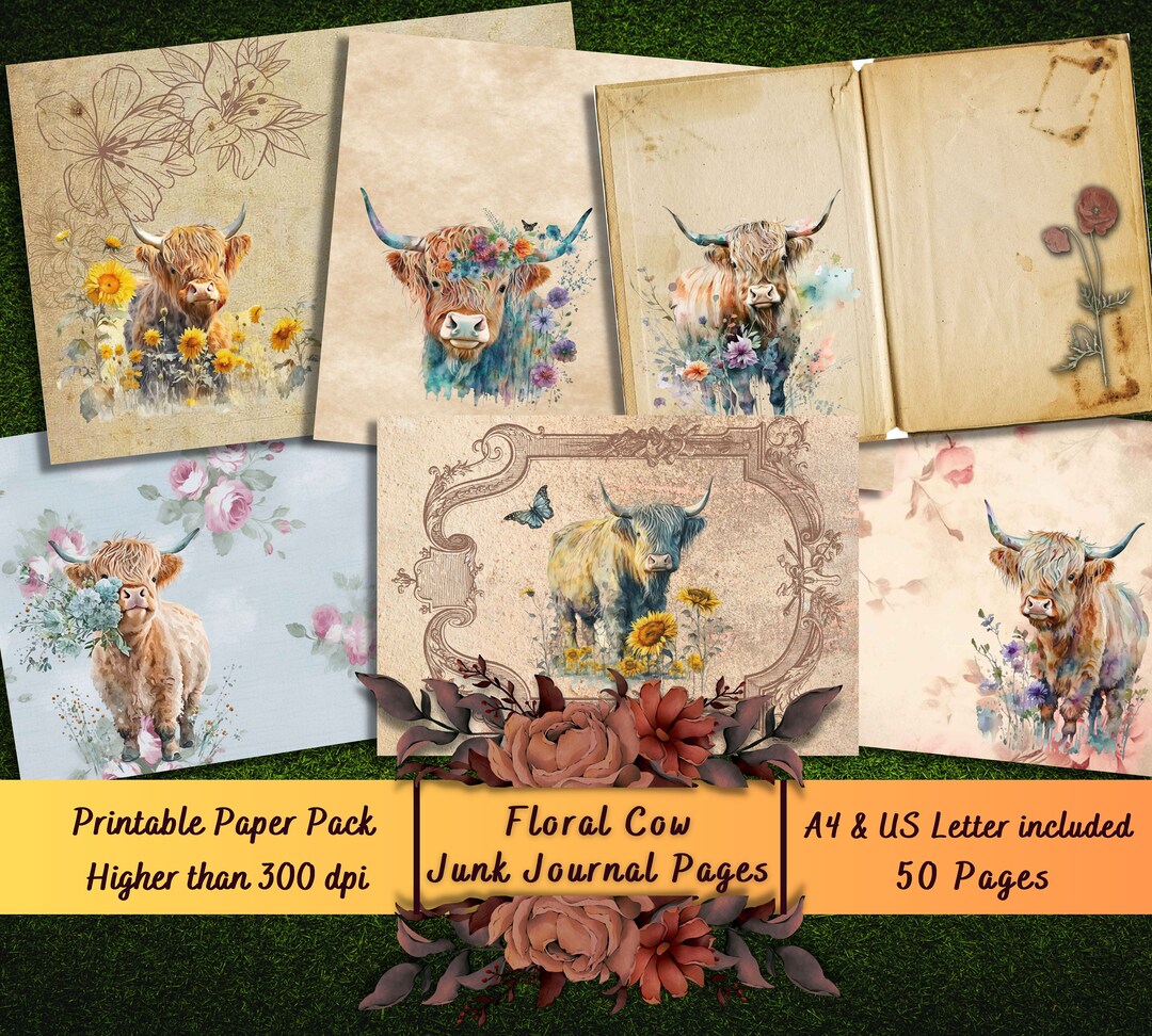 Printable Floral Highland Cow Digital Paper, Vintage Ephemera ...