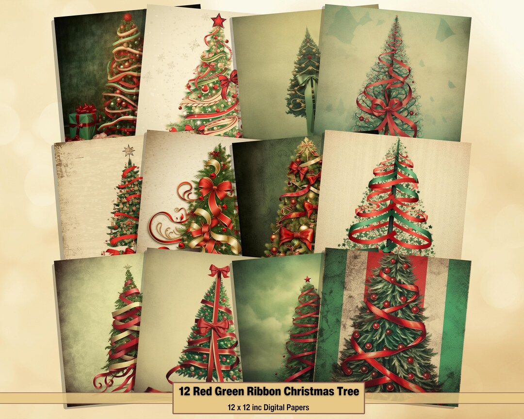 Printable Red Green Ribbon Christmas Tree Digital Papers, Noel Pages ...