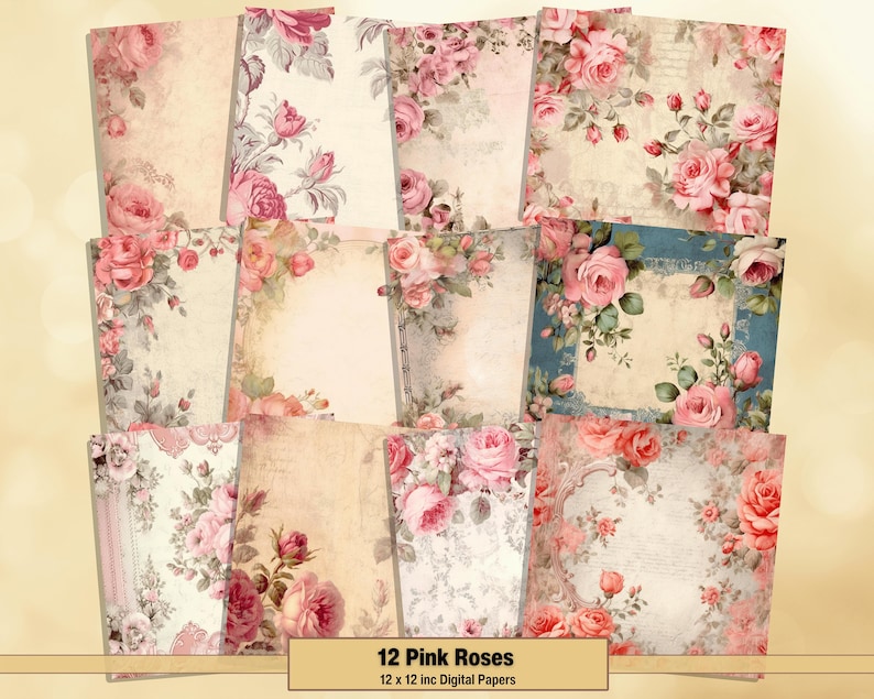 Printable Pink Roses Digital Paper Shabby Chic Pages Vintage - Etsy