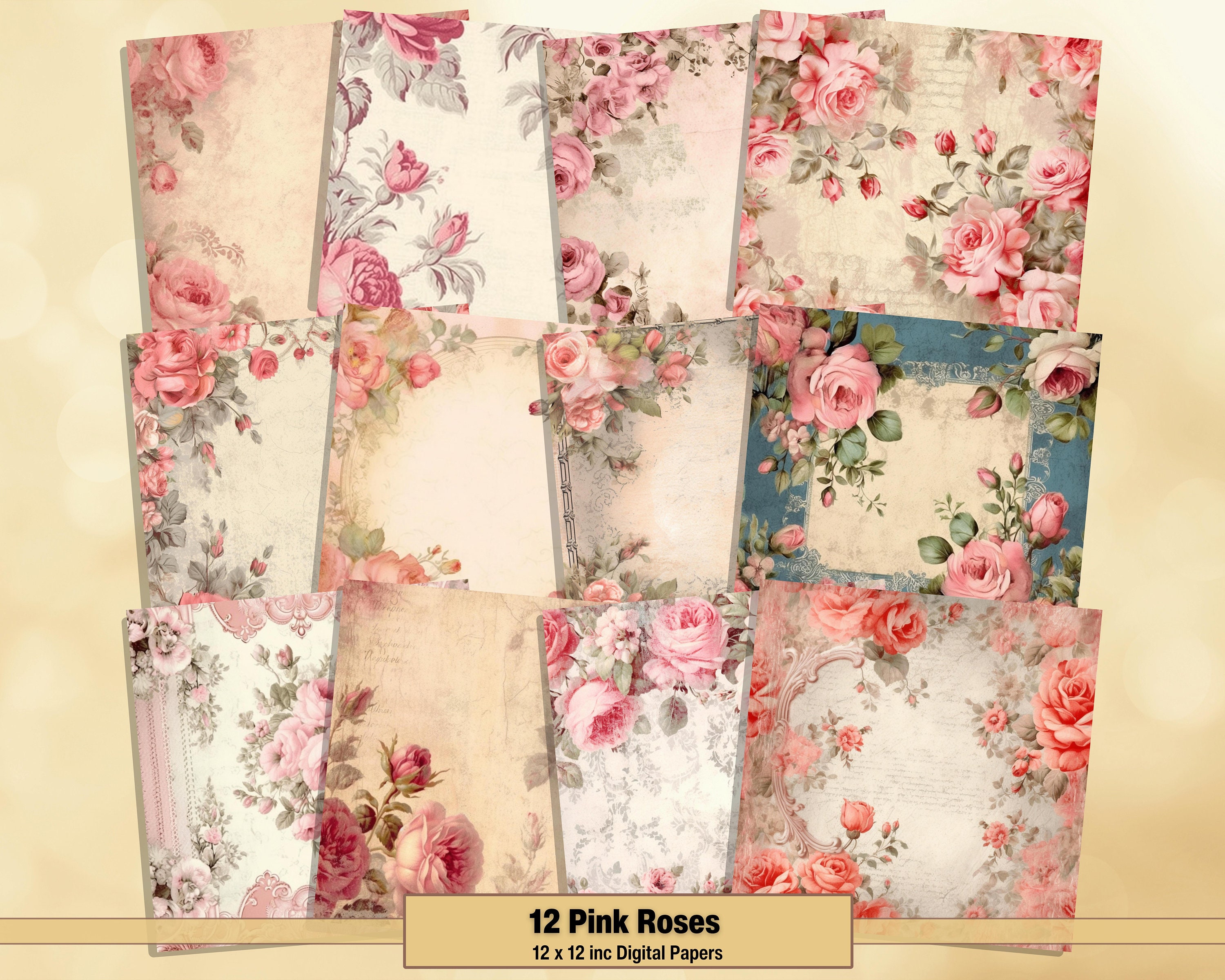 Printable Pink Roses Digital Paper, Shabby Chic Pages, Vintage ...