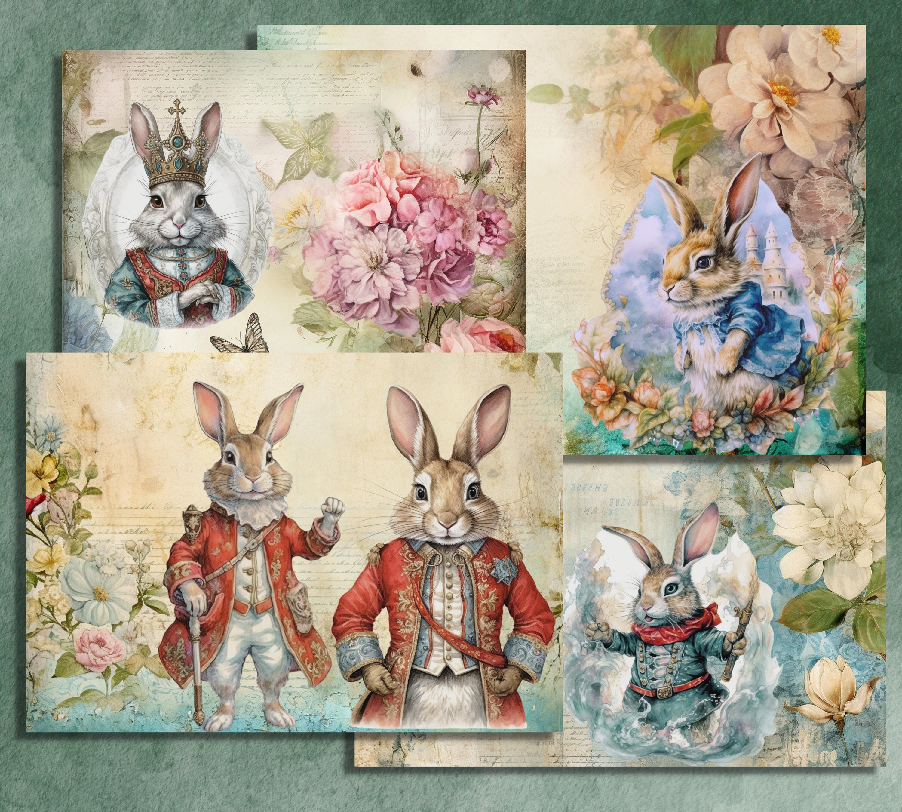 Printable Rabbit Watercolour Digital Paper, Dressed Animals Ephemera ...