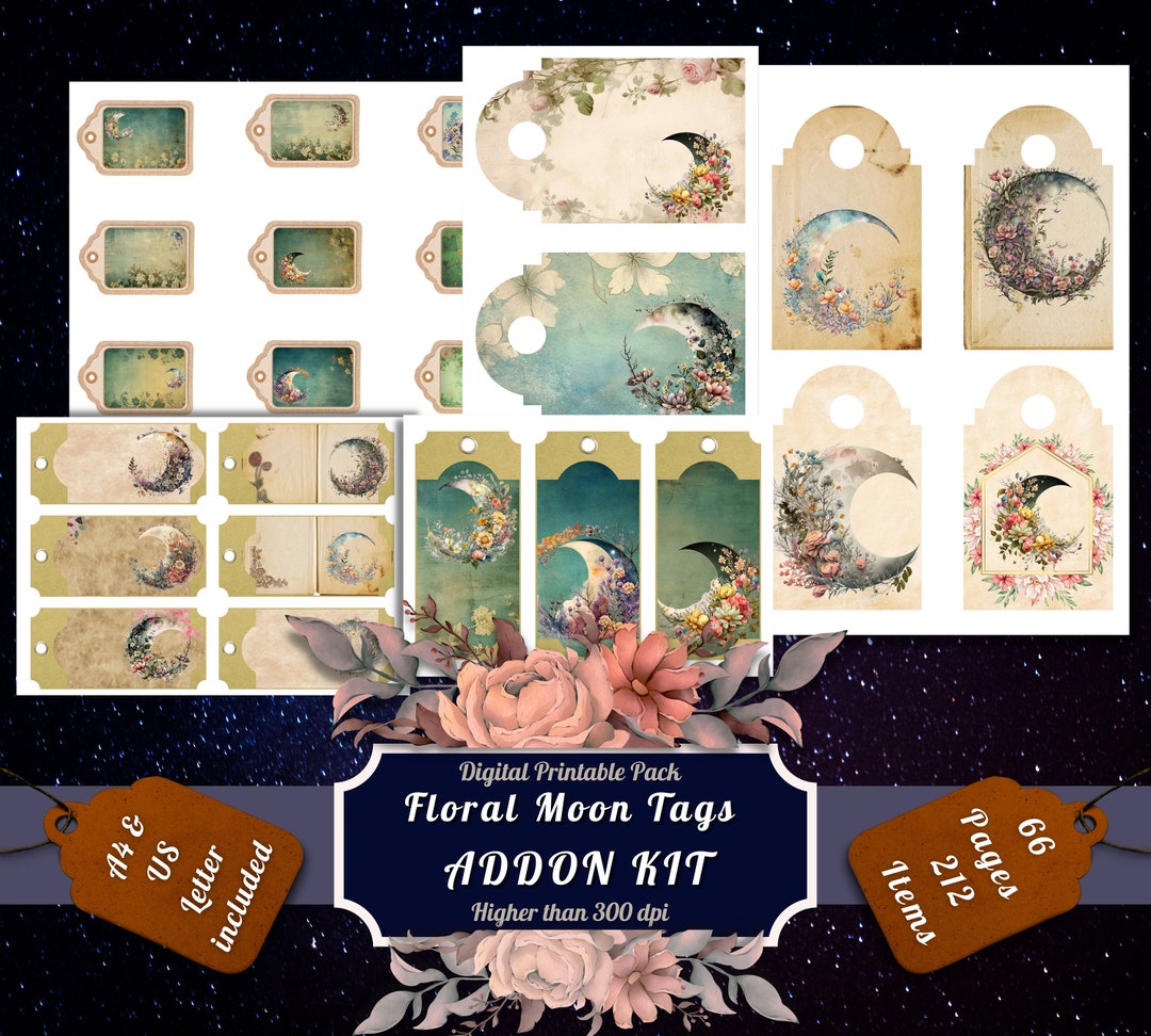 Printable Moon Junk Journal Pages and Tags Kit, Vintage Lunar Paper ...