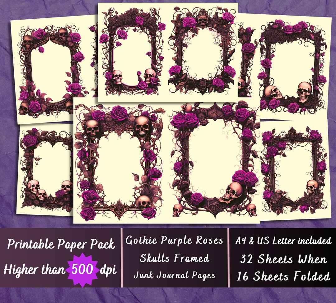Printable Gothic Roses Digital Paper, Skull Ephemera, Grimoire Pages ...