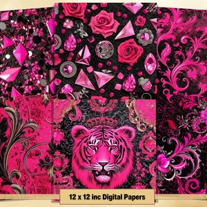 Printable Bright Pink and Black Glam Digital Papers, Glitter Pages ...