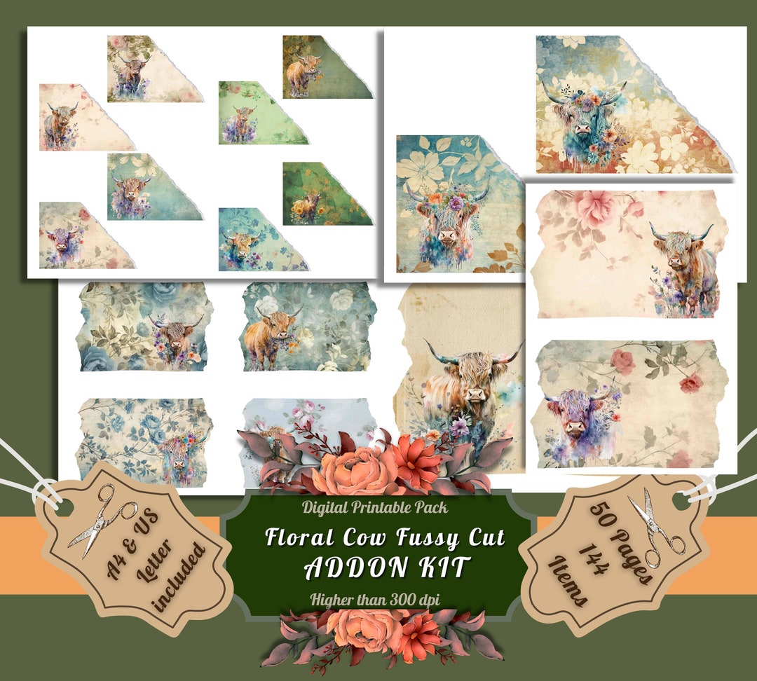 Printable Floral Highland Cow Junk Journal Pages and Fussy Cuts Kit ...