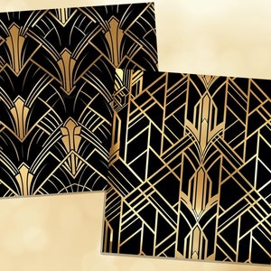 Printable Gold Art Deco Digital Papers, Black and Gold Pages, Retro ...