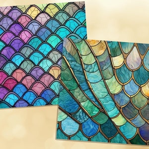 Printable Mermaid Stained Glass Digital Papers, Mermaid Scales Pages ...