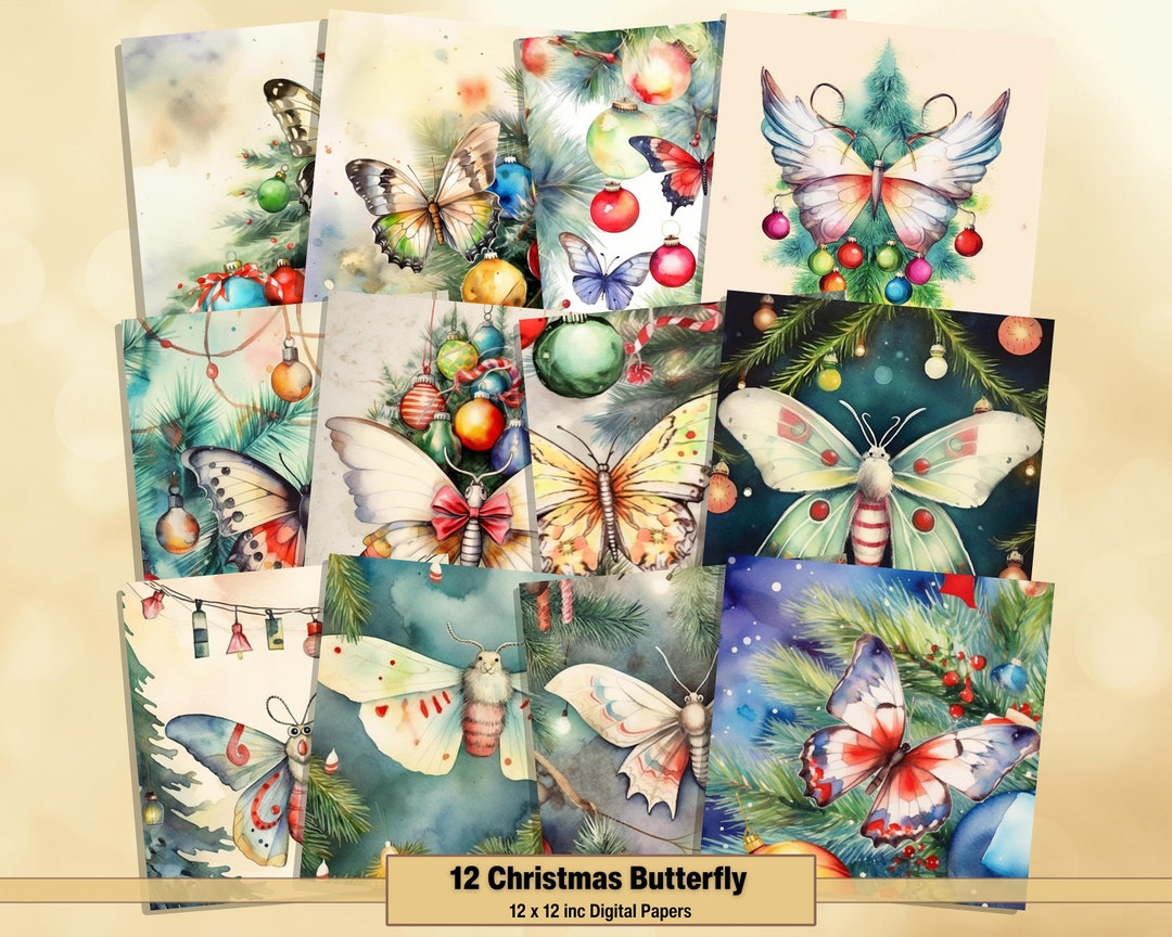 Printable Christmas Butterfly Digital Papers, Xmas Moth Pages, Noel ...