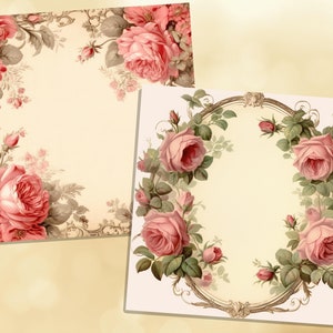Printable Pink Roses Border Digital Papers, Shabby Chic Pages, Floral ...