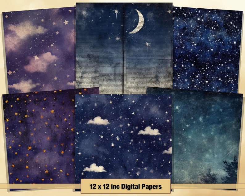 Printable Twilight Skies Digital Papers, Night Sky and Stars Pages ...