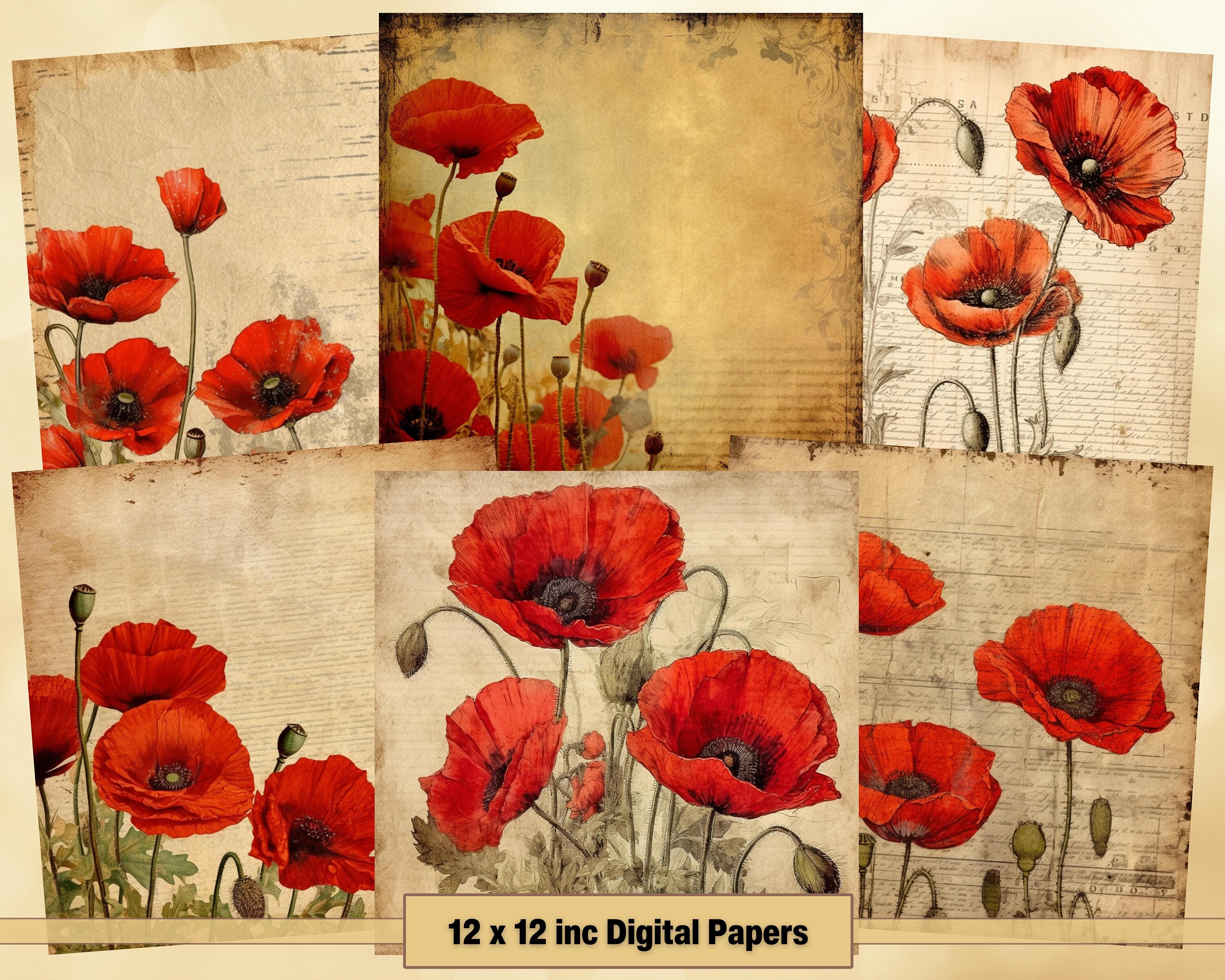Printable Red Poppies Digital Paper, Red Poppy Pages, Vintage ...