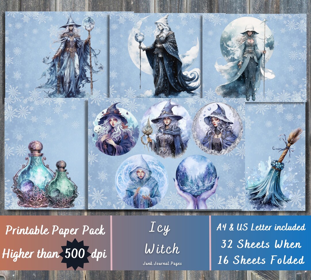 Printable Icy Witch Digital Paper, Snow Witchy Ephemera, Frozen Ice ...