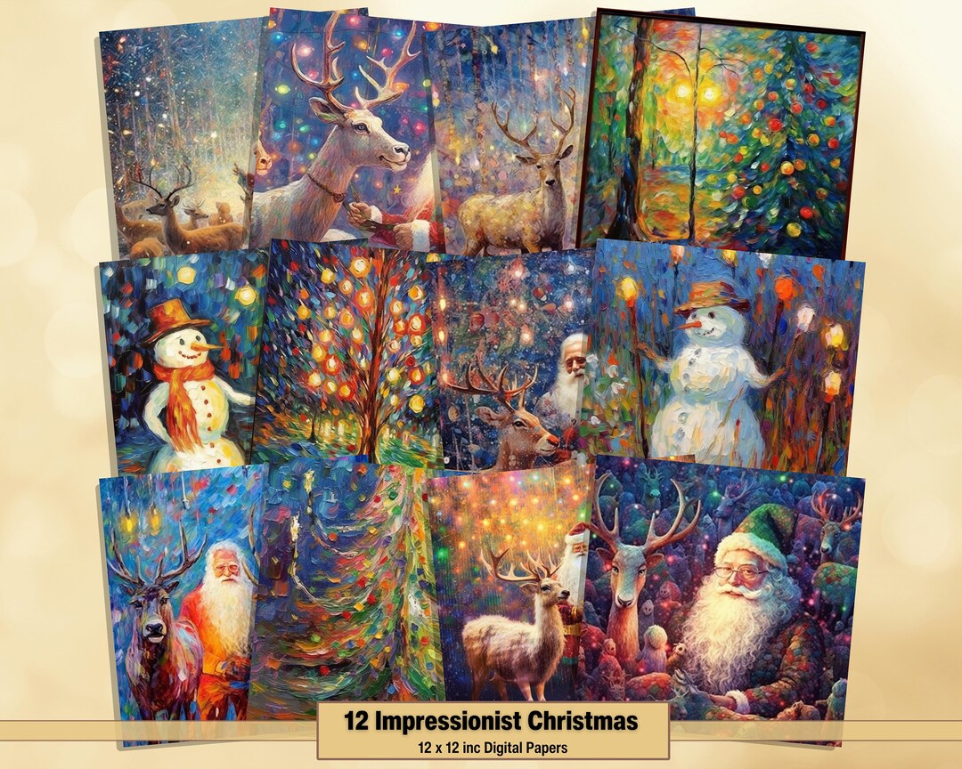 Printable Impressionist Christmas Digital Papers, Xmas Art Pages ...