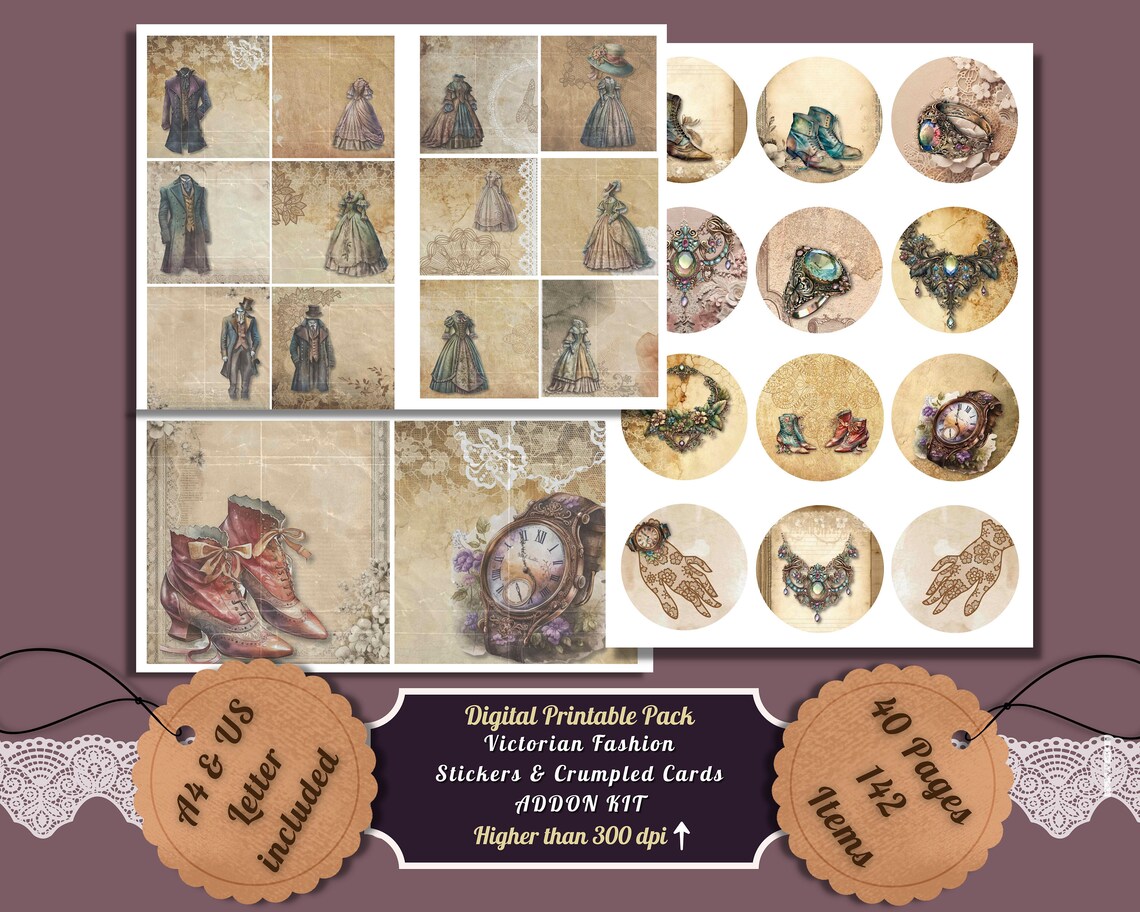 Printable Victorian Fashion Digital Papers Mega Bundle, Fussy Cuts Kit ...