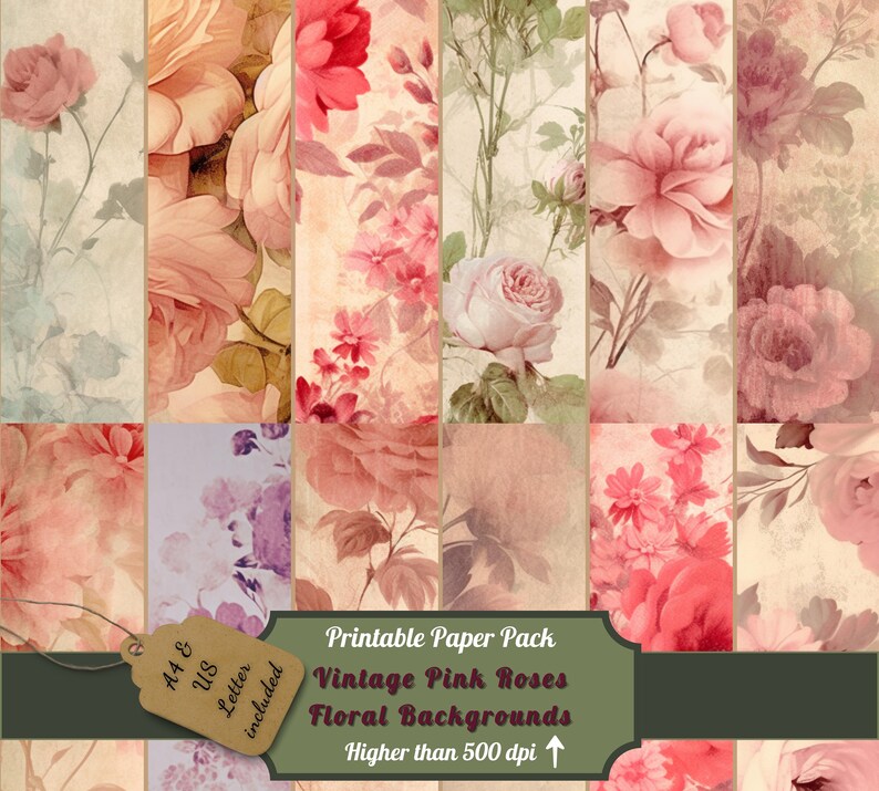 Printable Pink Floral Junk Journal Pages Kit, Vintage Roses Paper ...