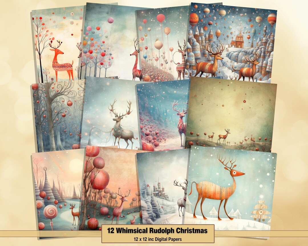 Printable Whimsical Rudolph Christmas Digital Papers, Xmas Pages ...