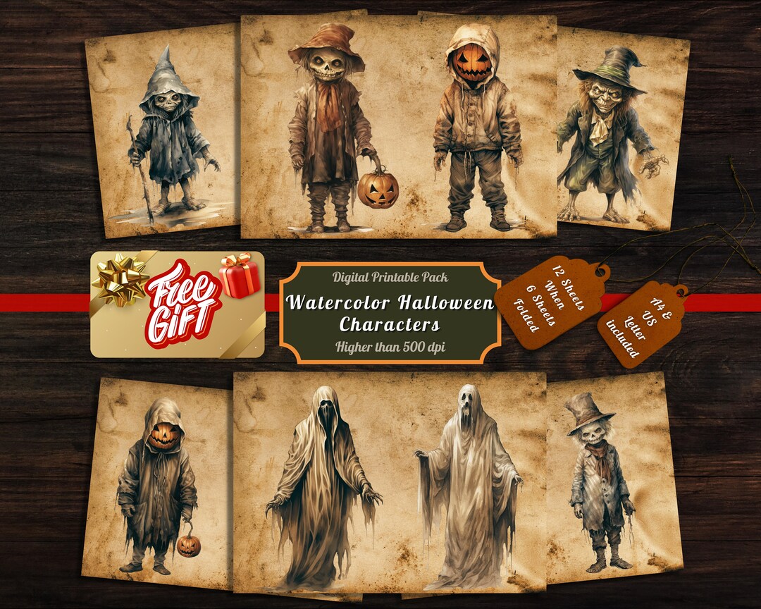 Printable Watercolor Halloween Characters Digital Papers, Horror ...