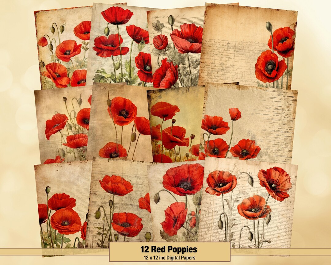 Printable Red Poppies Digital Paper, Red Poppy Pages, Vintage ...