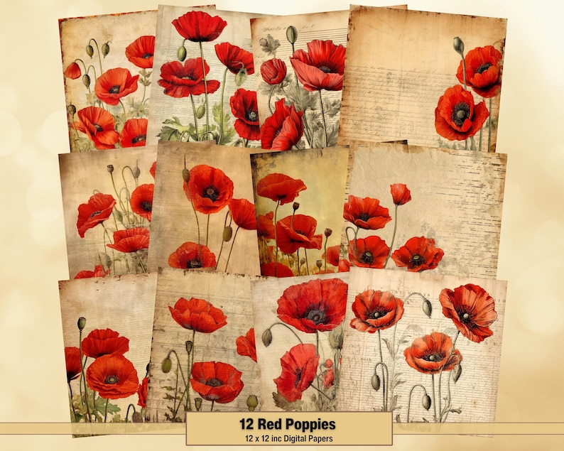 Printable Red Poppies Digital Paper, Red Poppy Pages, Vintage ...